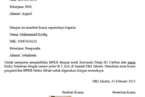 Contoh Surat Kuasa Pengambilan BPKB Motor dan Mobil